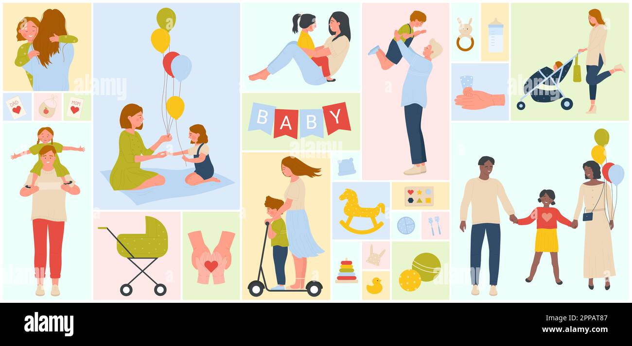 Cartoon parents hug and talk with kids, hands of child giving heart and ...