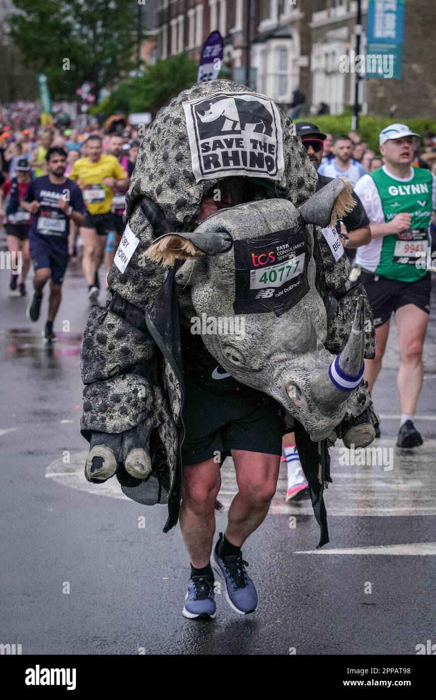 London, UK. 23rd April, 2023. Save The Rhino. London Marathon passes ...