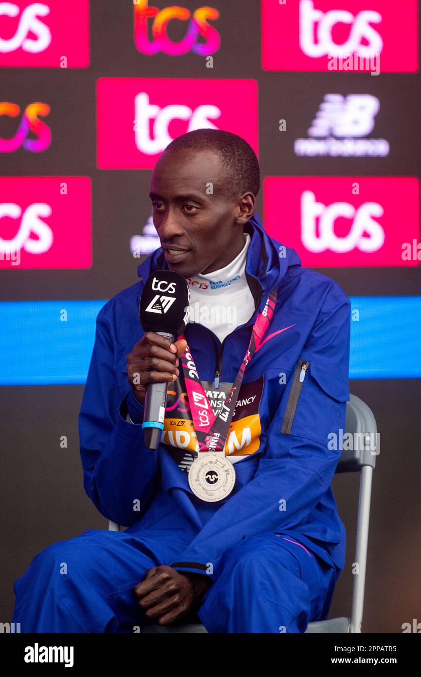 London, UK. 23 April 2023. Kelvin Kiptum (KEN), winner elite men, at ...