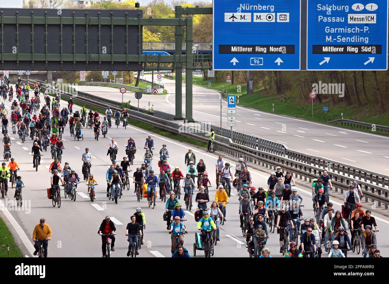 Munich, Germany. 23rd Apr, 2023. Thousands of cyclists ride on the A96 ...