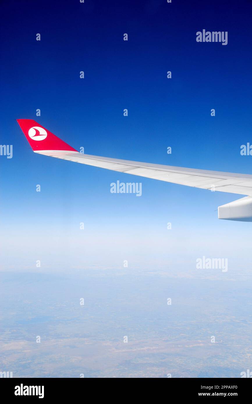 Turkish Airlines through airplane window, Istanbul, Turkey Stock Photo ...