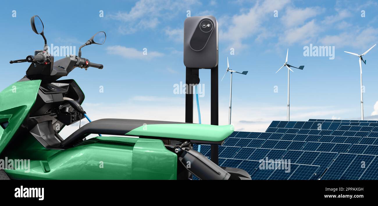 Electric scooter with charging station on a background of solar panels ...