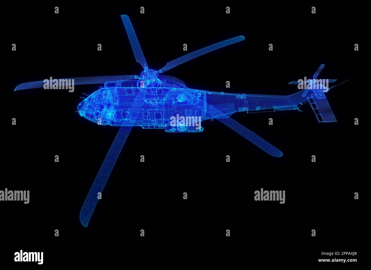 Glowing blue light 3d model helicopter with lines, dots and particles ...