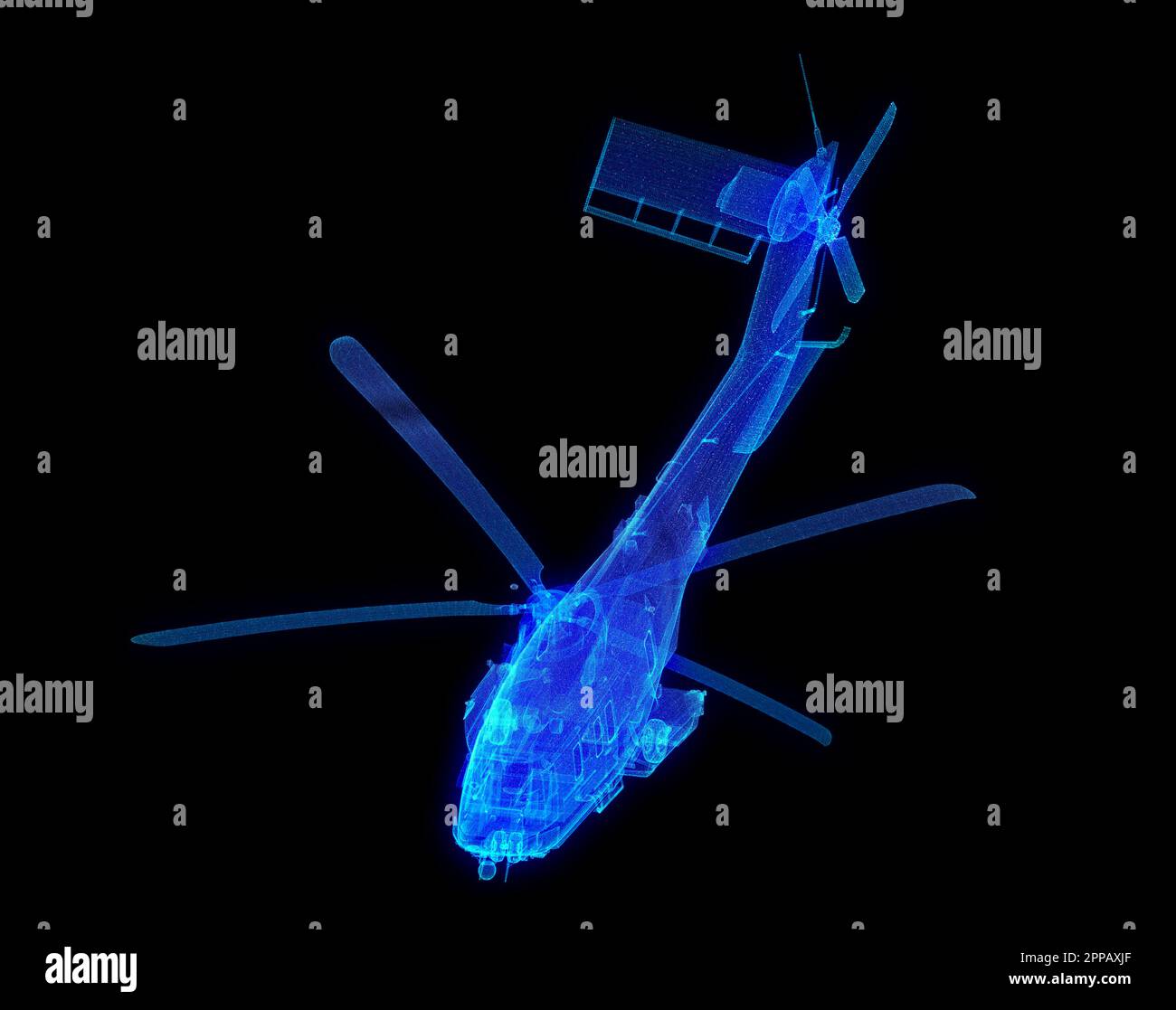 Glowing blue light 3d model helicopter with lines, dots and particles ...