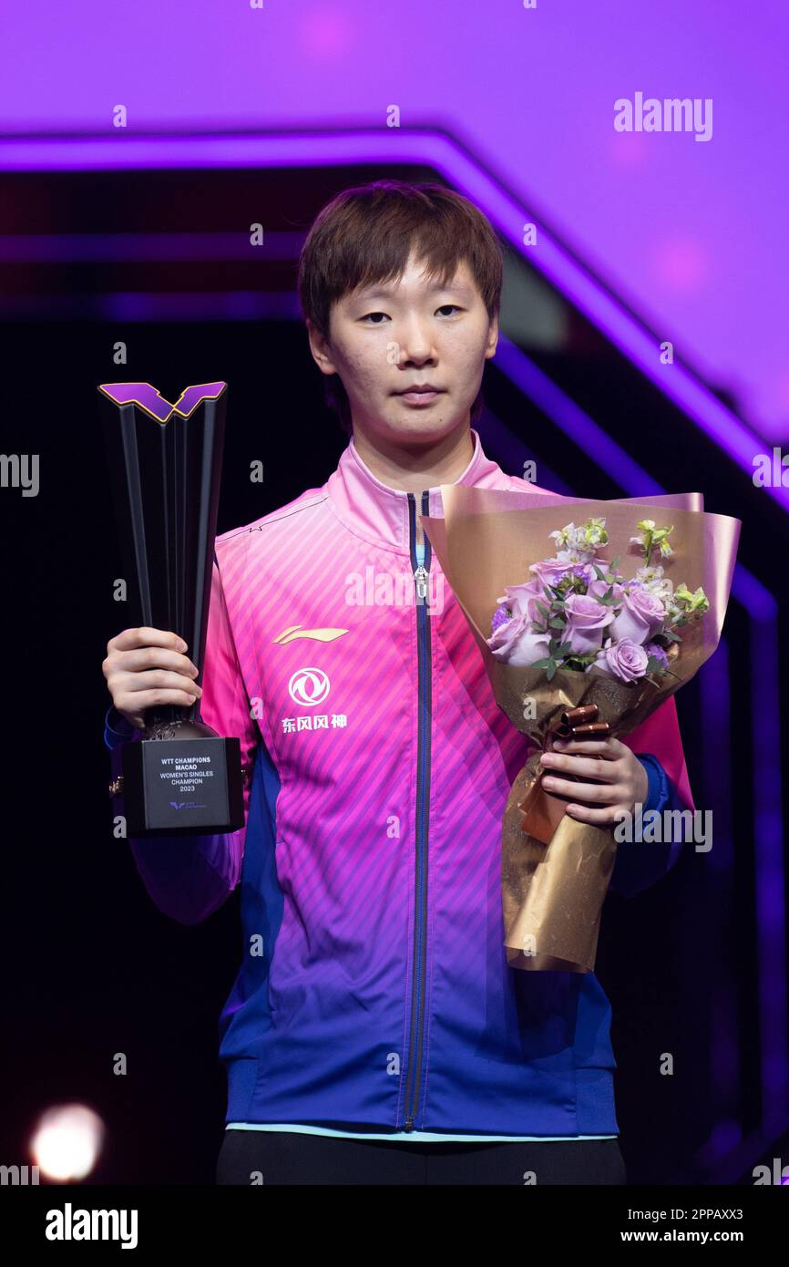 Macao, China. 23rd Apr, 2023. Gold medalist Wang Manyu of China poses ...