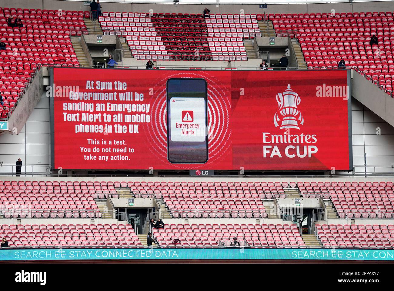 A warning of the 3pm Emergency Text Alert on the big screen ahead of ...