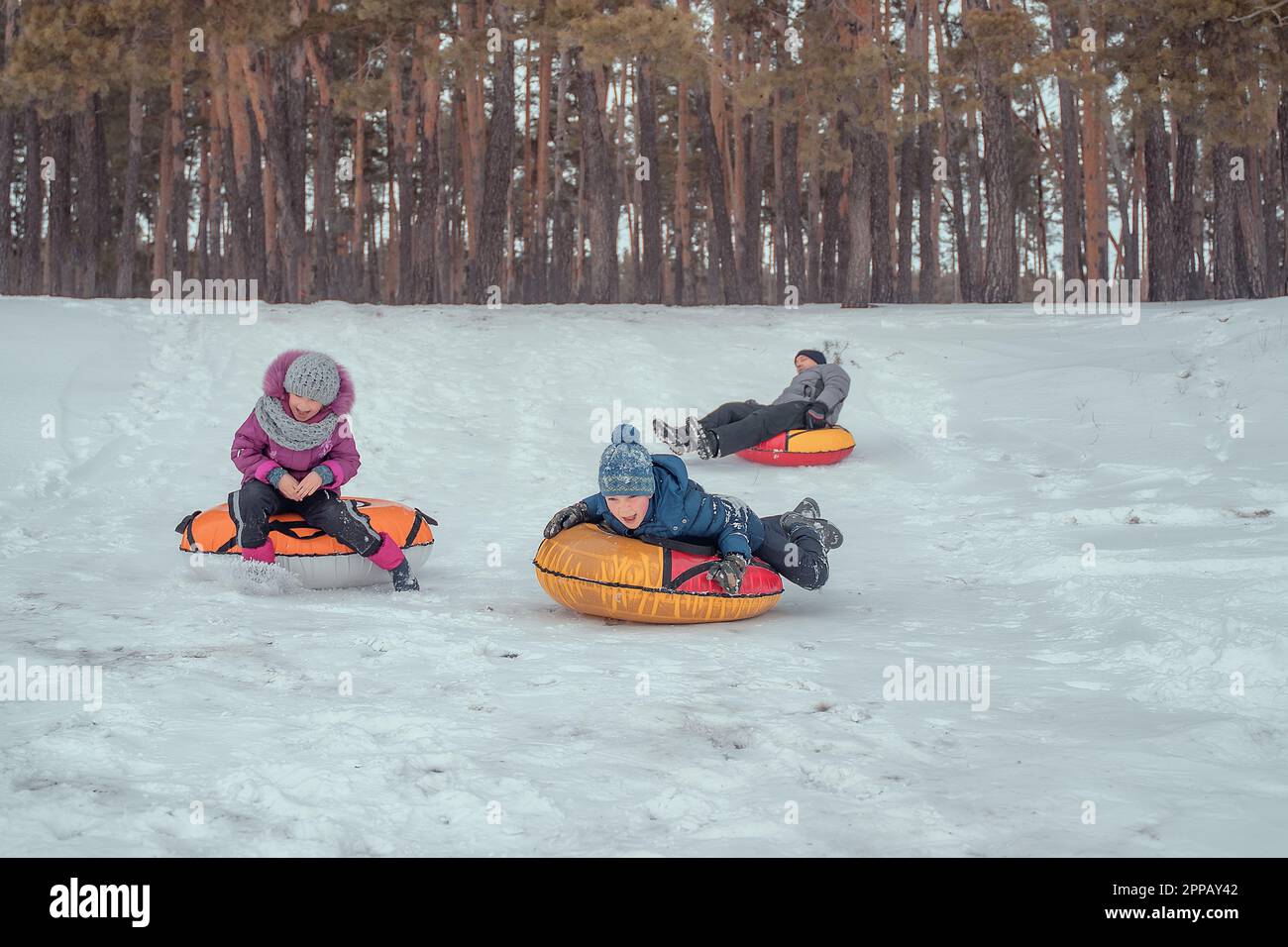 Children and parents have fun riding from the snowy mountain on tubing ...