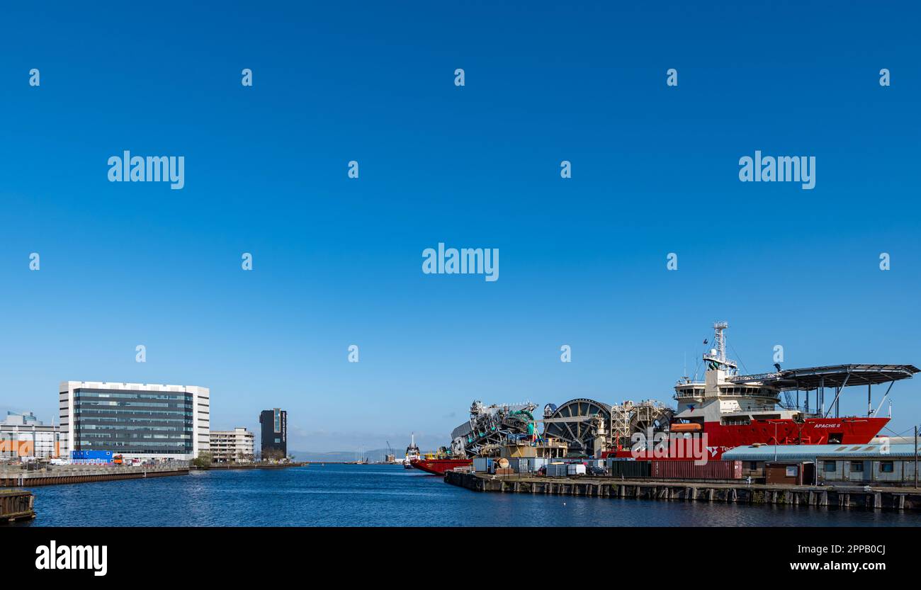 View of Leith harbour dock with Port of Leith distillery and Technip ...