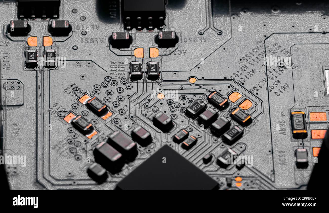 Macro Close up of components and microchips on PC circuit board Stock ...
