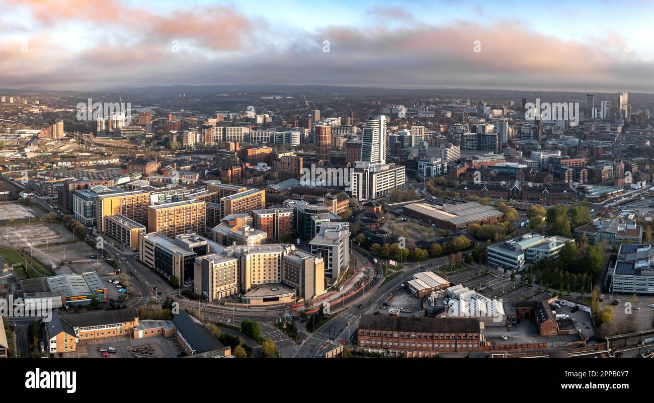 An aerial panoramic view of a Leeds cityscape skyline with modern ...
