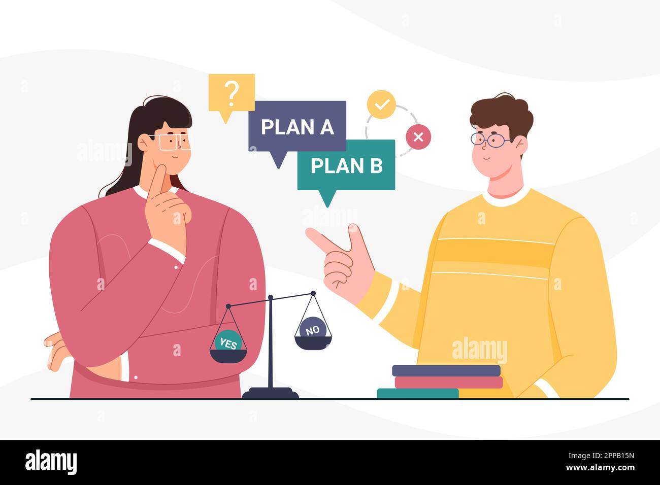 Process of choice between Plan A and Plan B, yes or no answer to question vector illustration ...