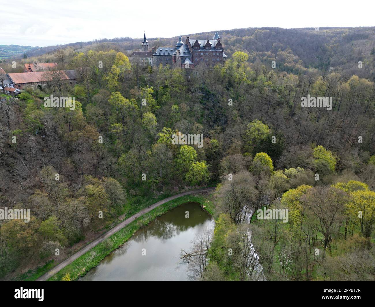 Wippra, Germany. 23rd Apr, 2023. View of Rammelburg Castle in spring ...