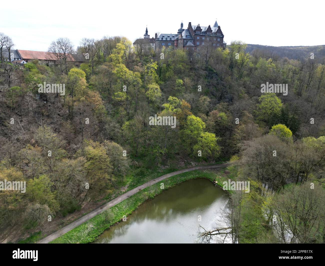 Wippra, Germany. 23rd Apr, 2023. View of Rammelburg Castle in spring ...