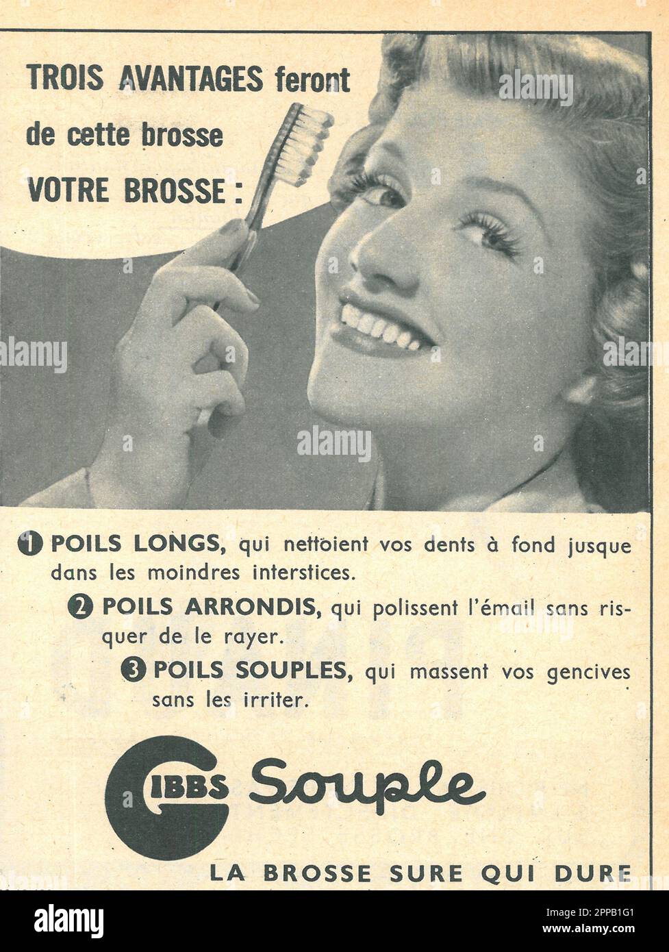 Gibbs souple toothbrush French print ad,1950 Stock Photo - Alamy