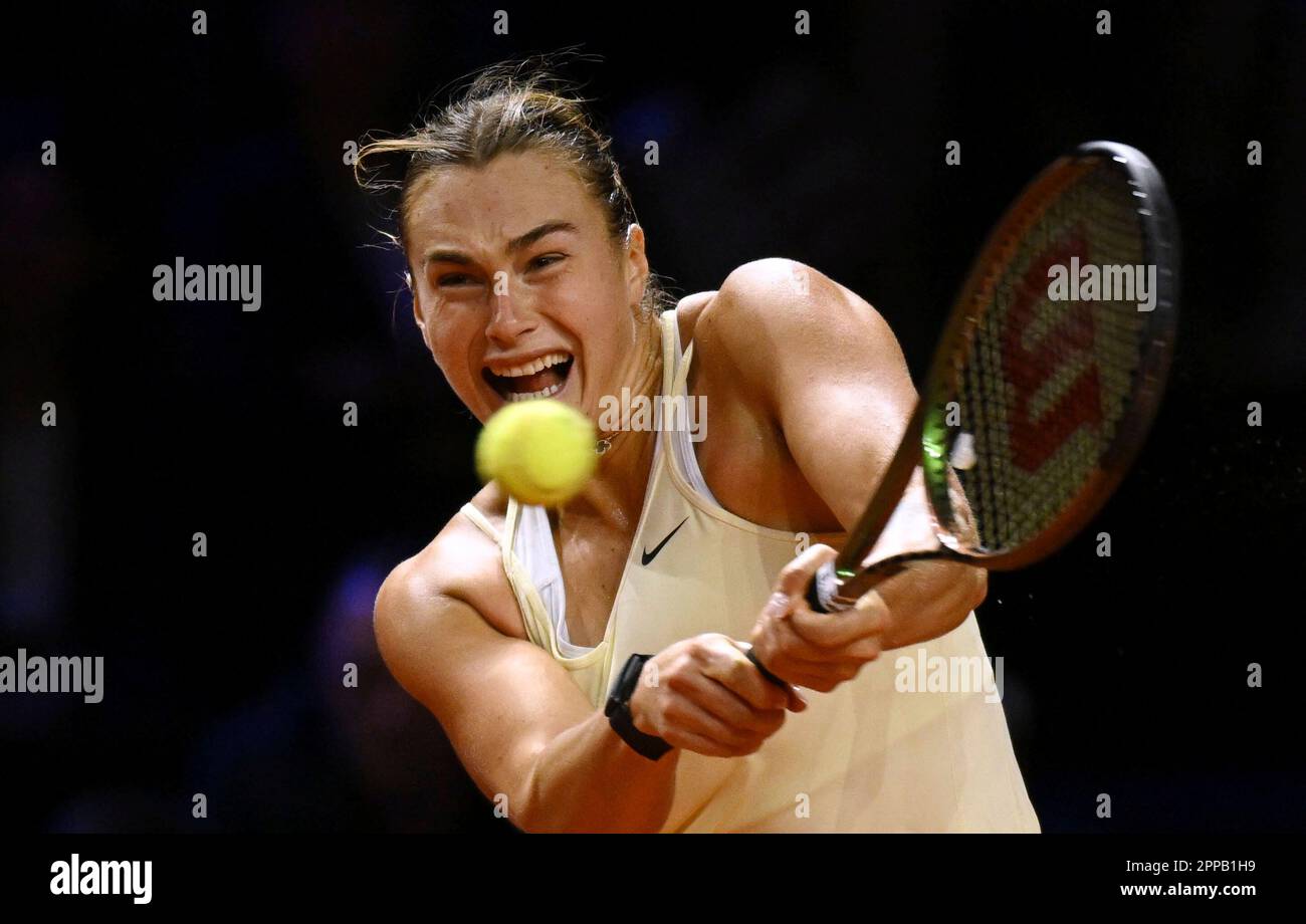 Belarus' Aryna Sabalenka returns a ball to Poland's Iga Swiatek during the WTA women's singles ...
