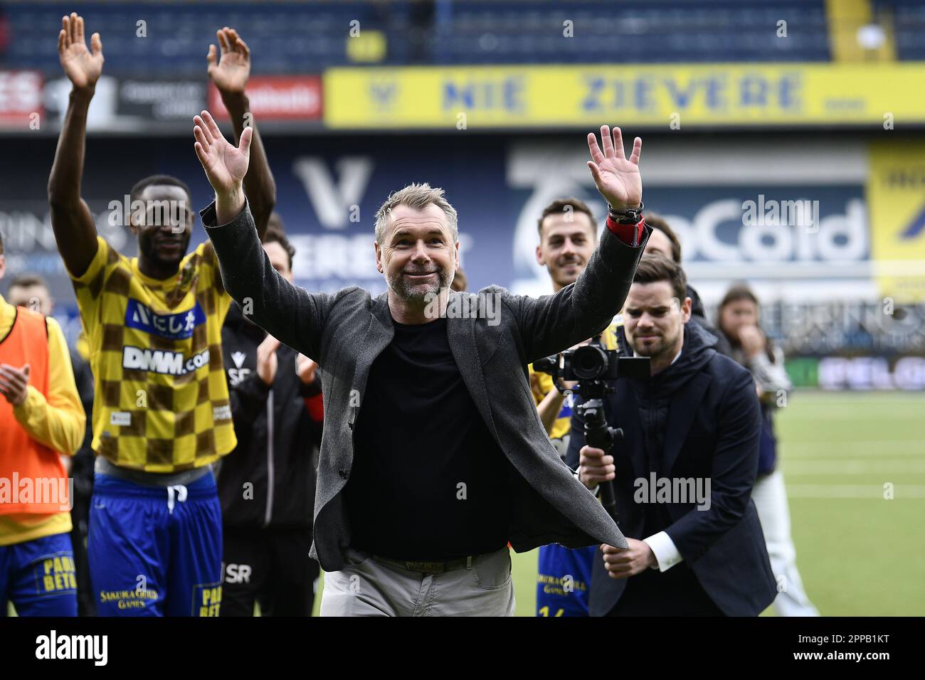 Sint Truiden, Belgium. 23rd Apr, 2023. STVV's head coach Bernd Hollerbach pictured after a ...