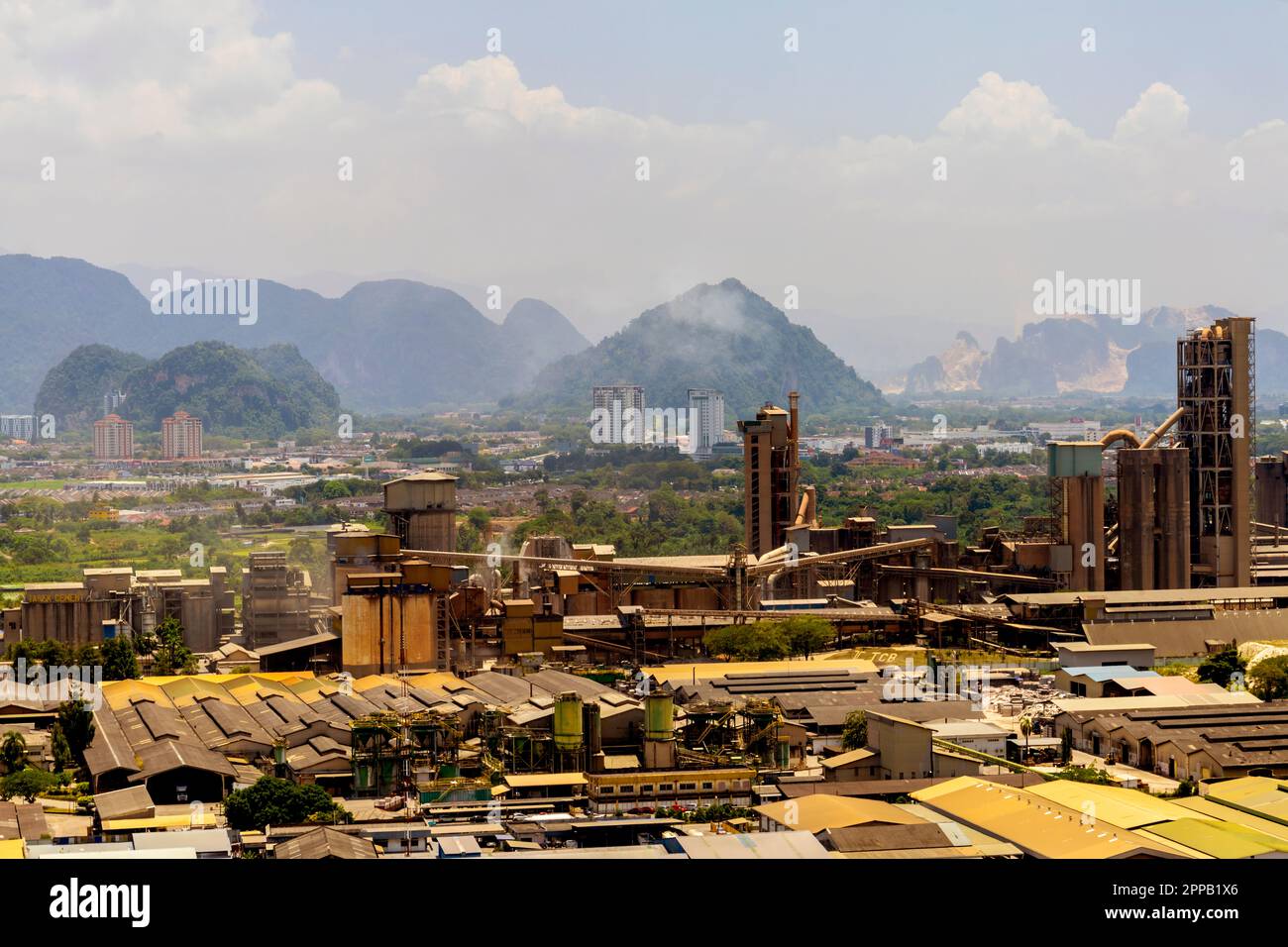 Elevated view of Ipoh and surrounding landscape at sunrise, Ipoh, Perak ...