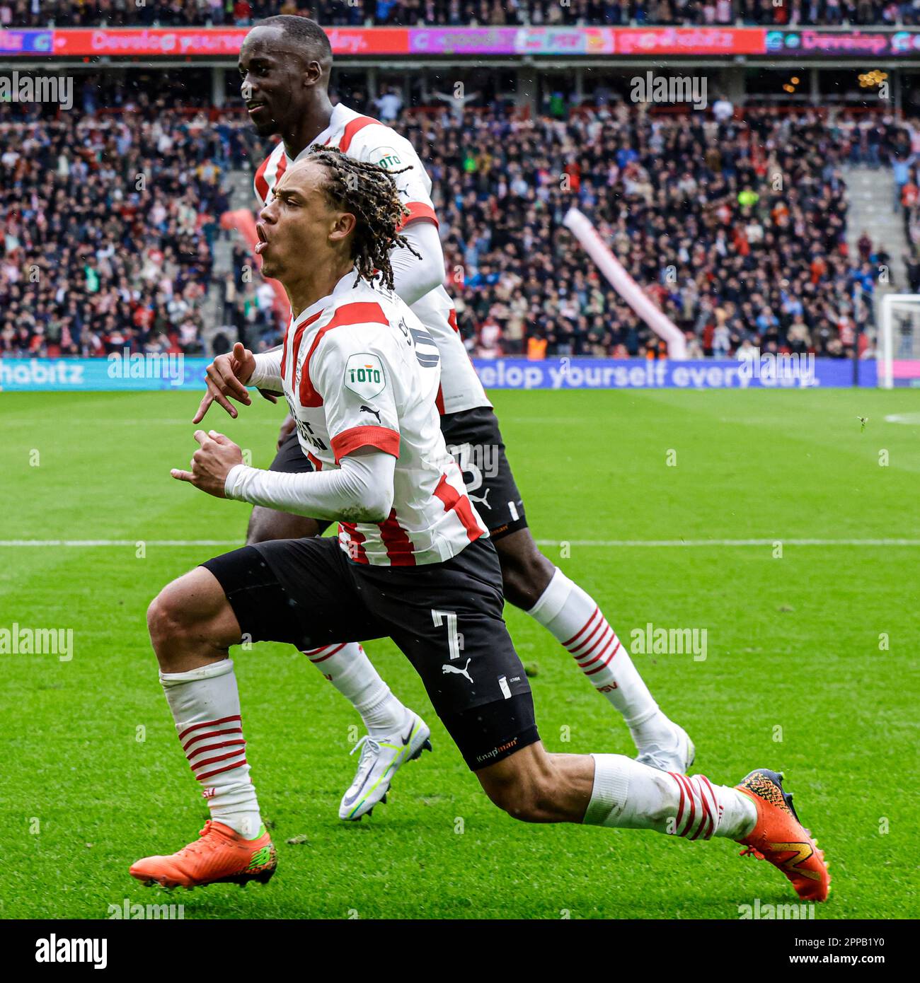 EINDHOVEN, NETHERLANDS - APRIL 23: Xavi Simons of PSV celebrates after ...