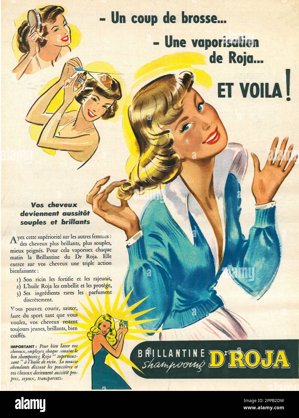 Shampooing Roja, shampoo D'Roja French print ad, 1950 Stock Photo - Alamy
