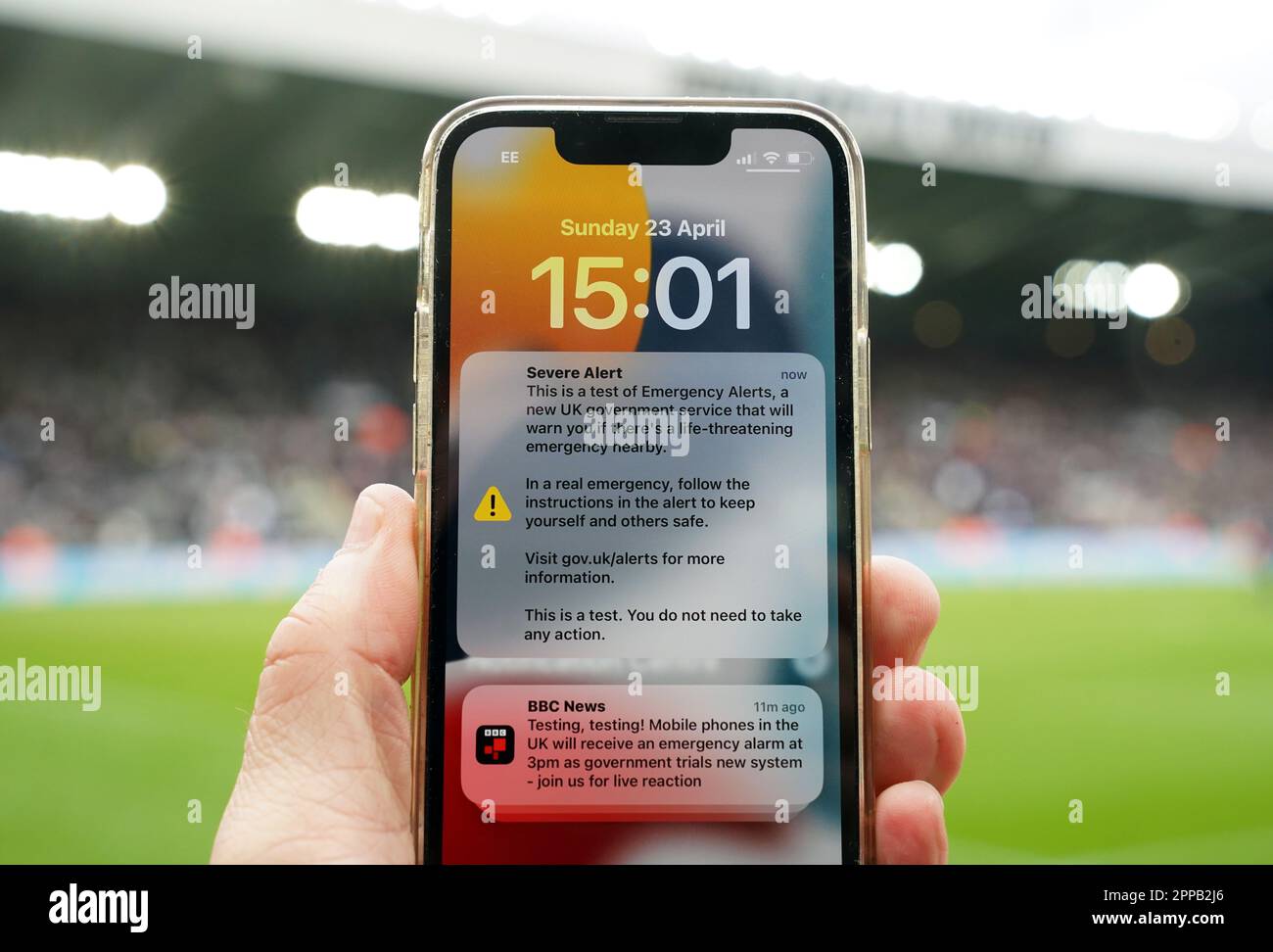 An emergency text alert test on the phone of a fan during the Premier ...