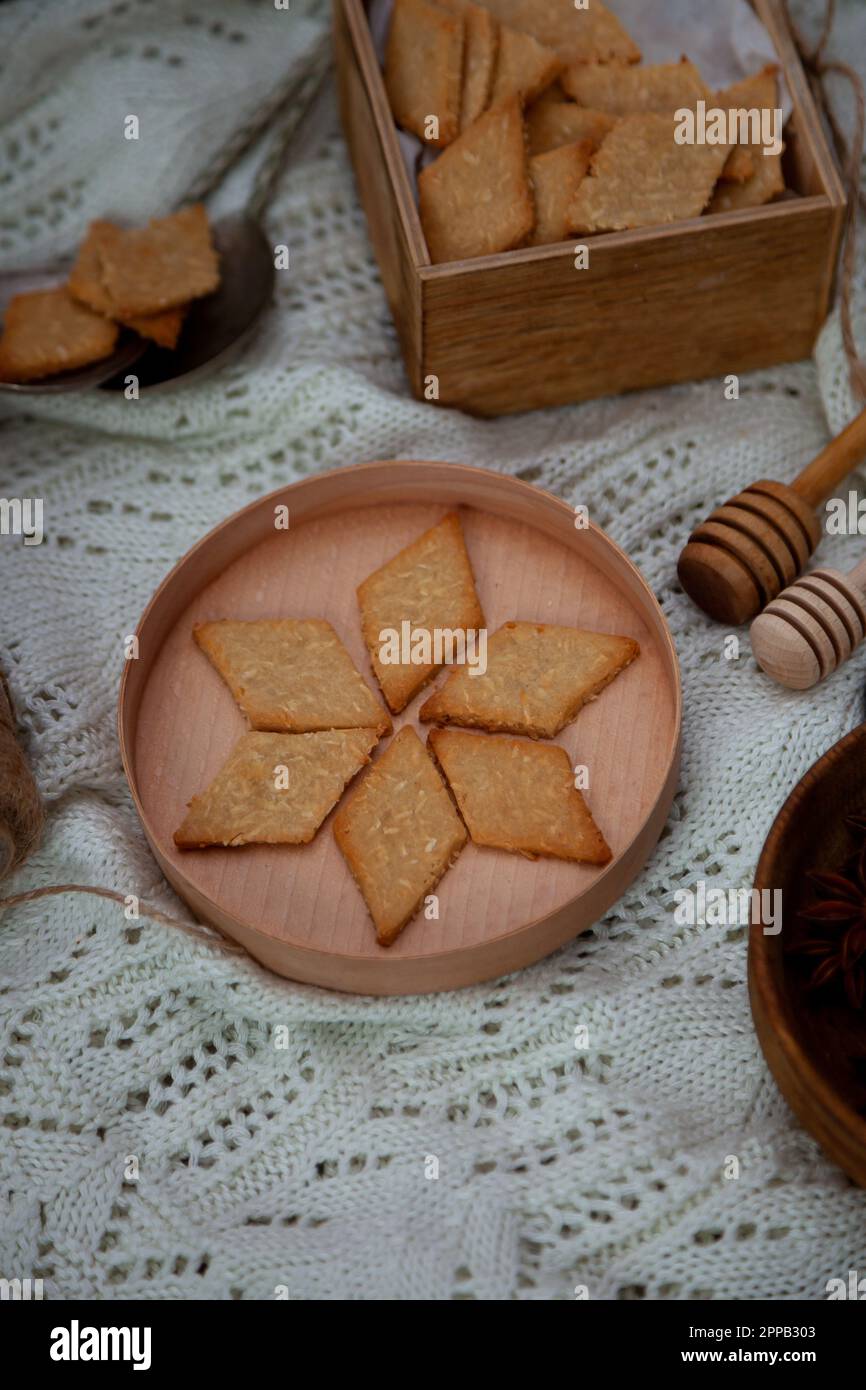 Homemade cookies with coconut. Rhombus shaped cookie. Sweet food ...