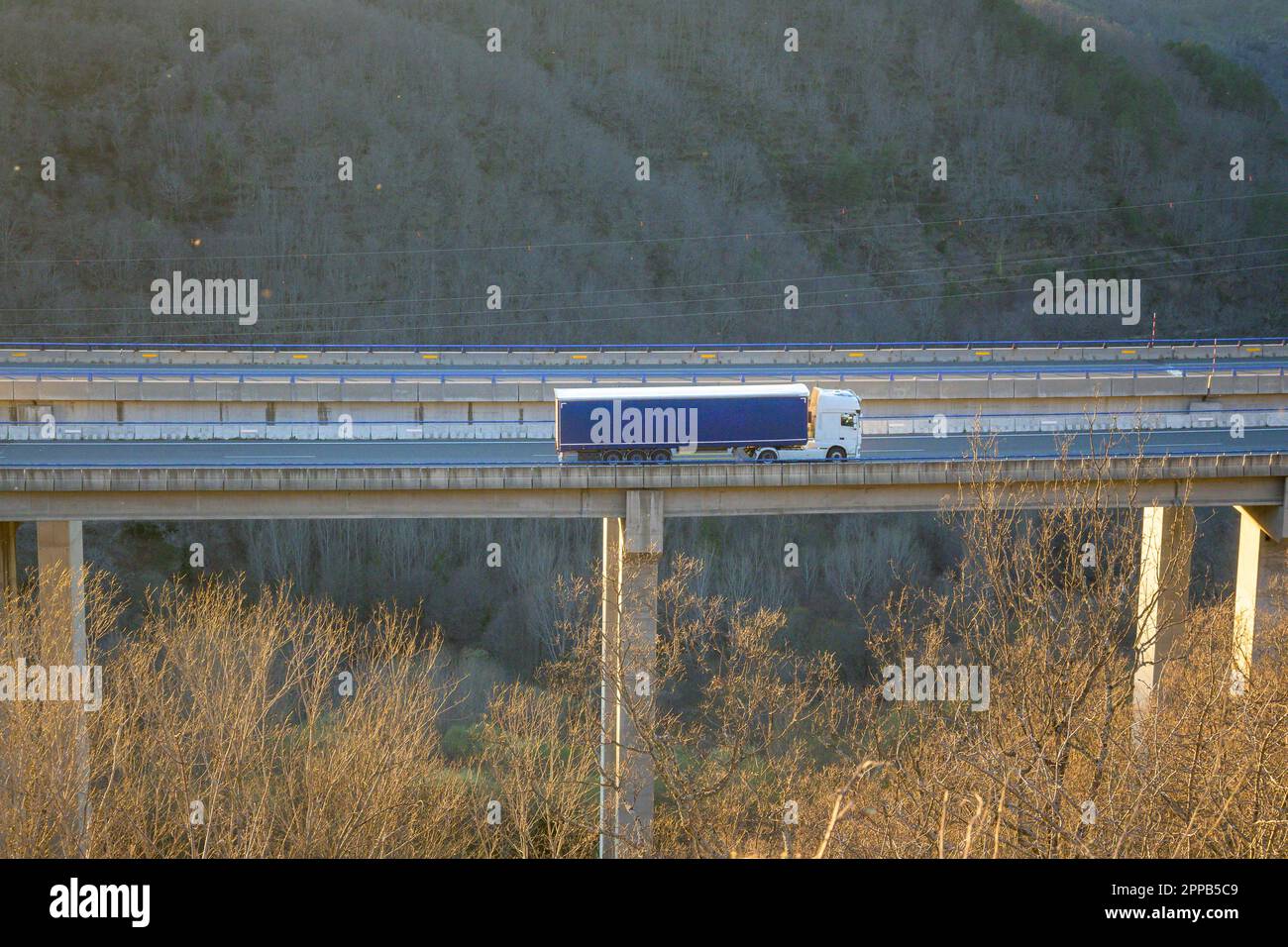 Goods truck circulating on highway viaduct bridge road transport Stock ...