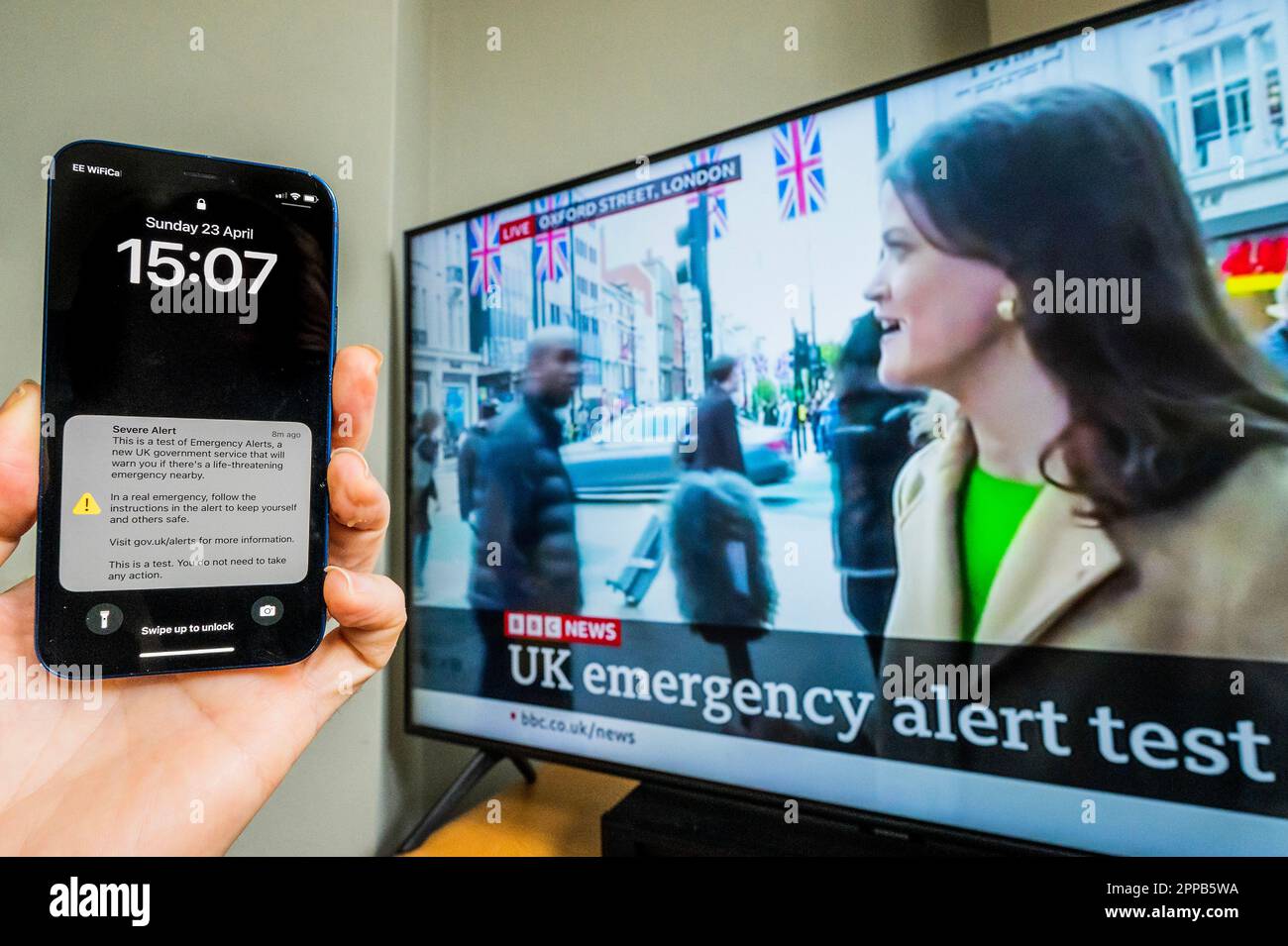 London, UK. 23rd Apr, 2023. After a UK-wide emergency alert test ...