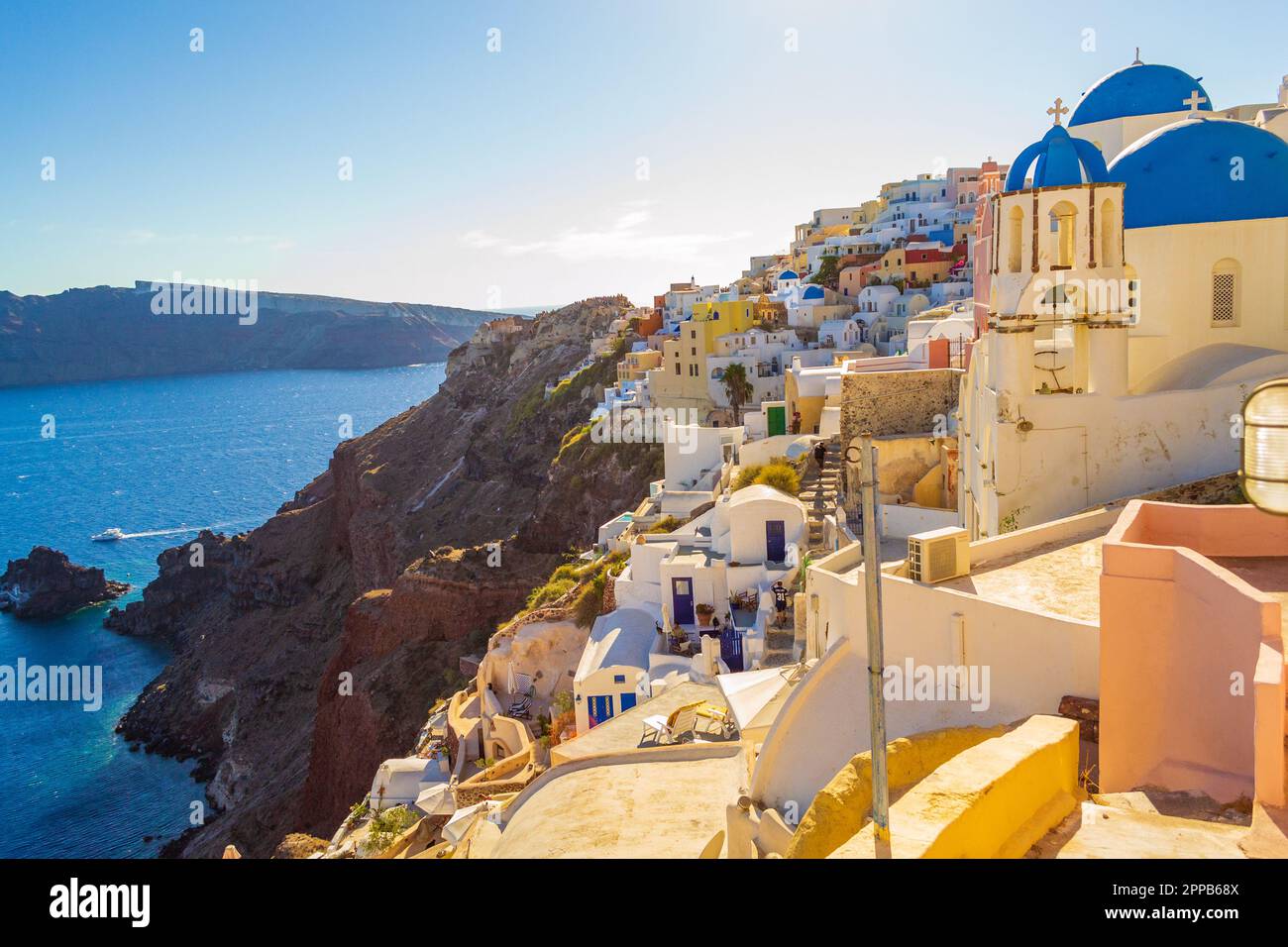 Seaside amazing panorama from roof terrace in Oia- a coastal town on ...