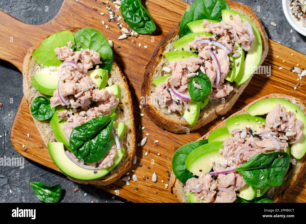 Tuna Avocado Toasts, Healthy Snack or Breakfast on Dark Grey Background ...
