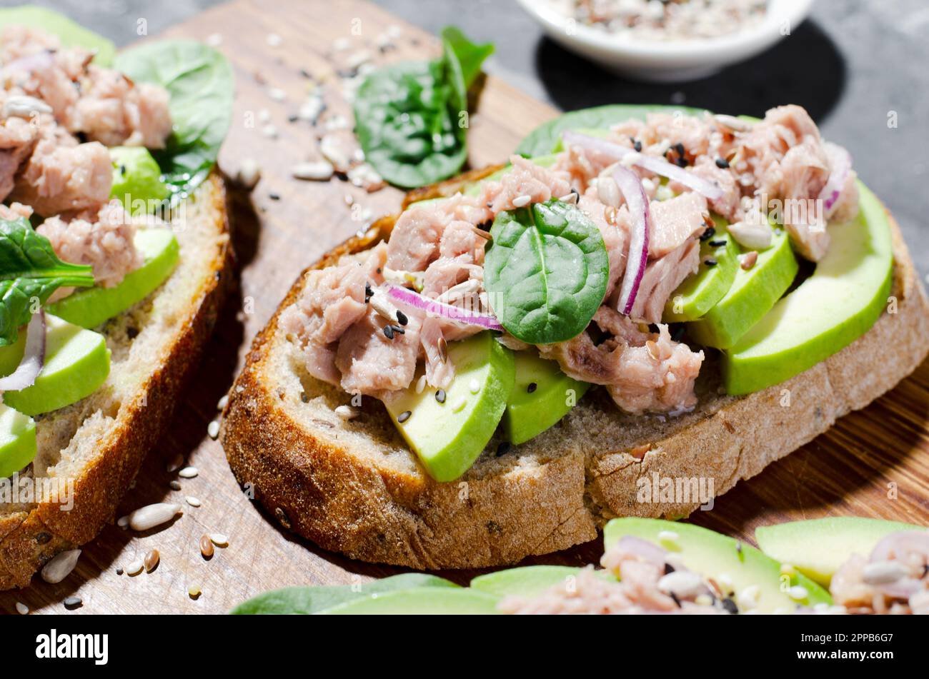 Tuna Avocado Toasts, Healthy Snack or Breakfast on Dark Grey Background ...
