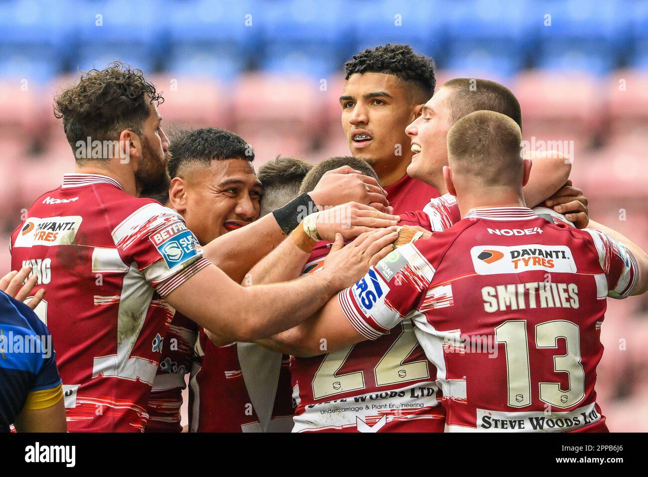 Ethan Havard #16 of Wigan Warriorscelebrates his tryduring the Betfred ...