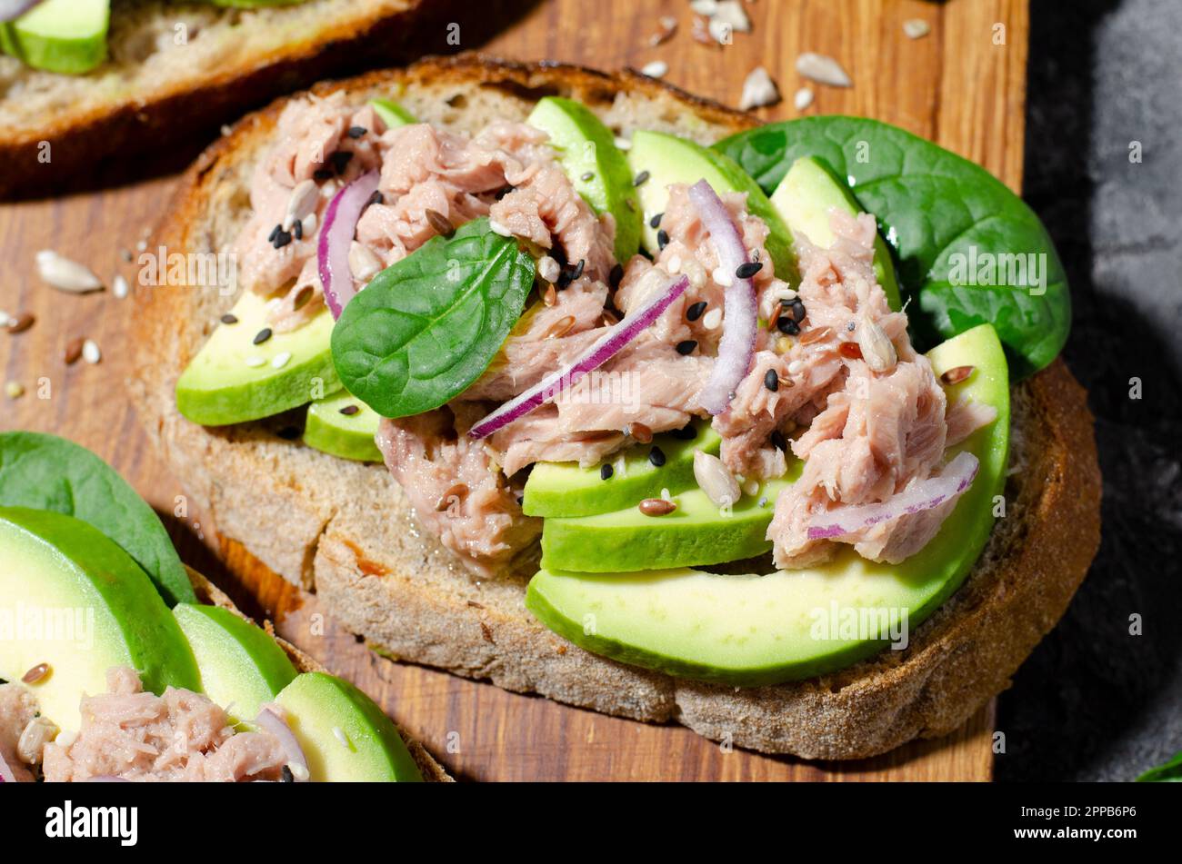 Tuna Avocado Toasts, Healthy Snack or Breakfast on Dark Grey Background ...