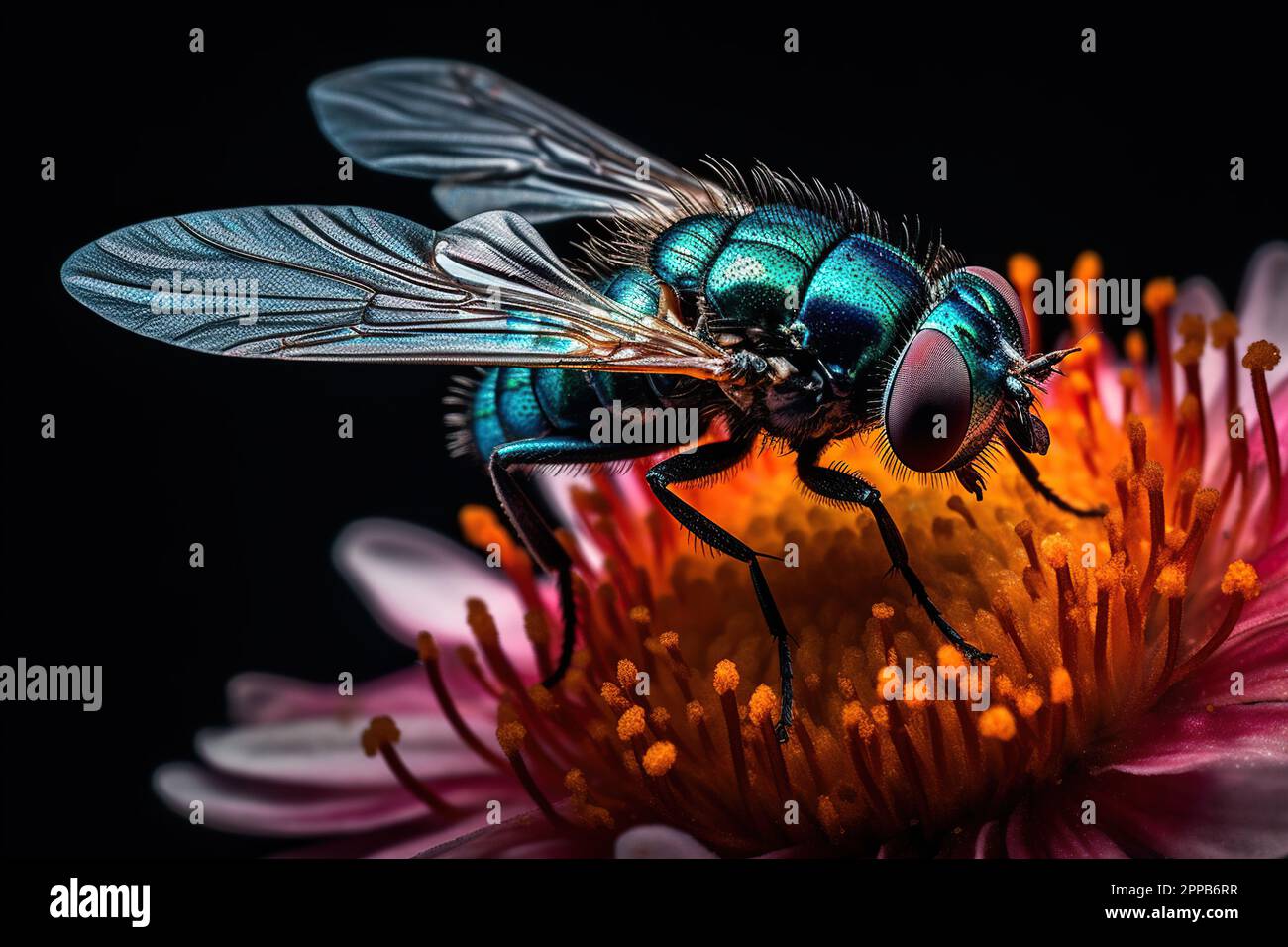A closeup of a bright blue and green fly on a bright orange flower ...