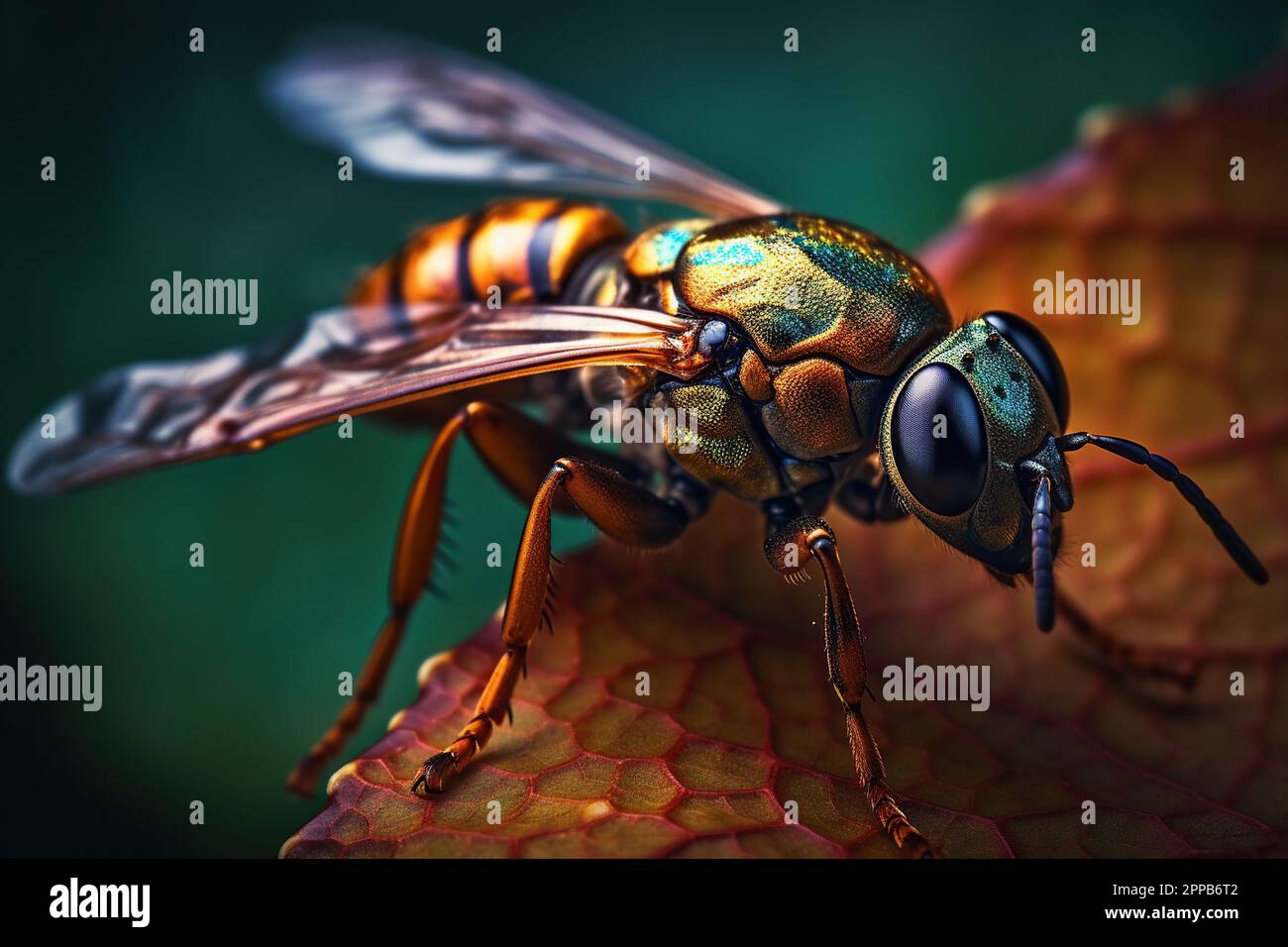 A green hornet insect perched on a leaf illuminated against a black ...