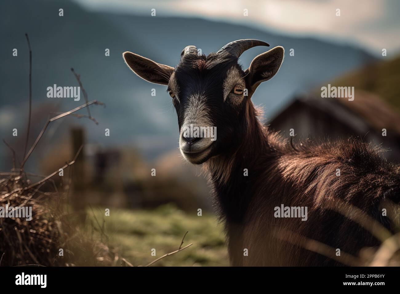 An African Indigenous pygmy goat with curved horns in a lush field ...