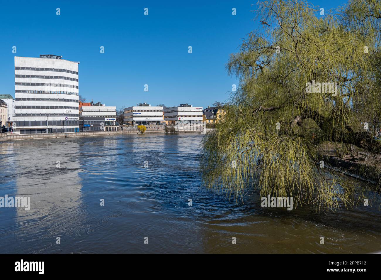 Waterfront park Strömparken and Motala river on a sunny spring day 2023 ...