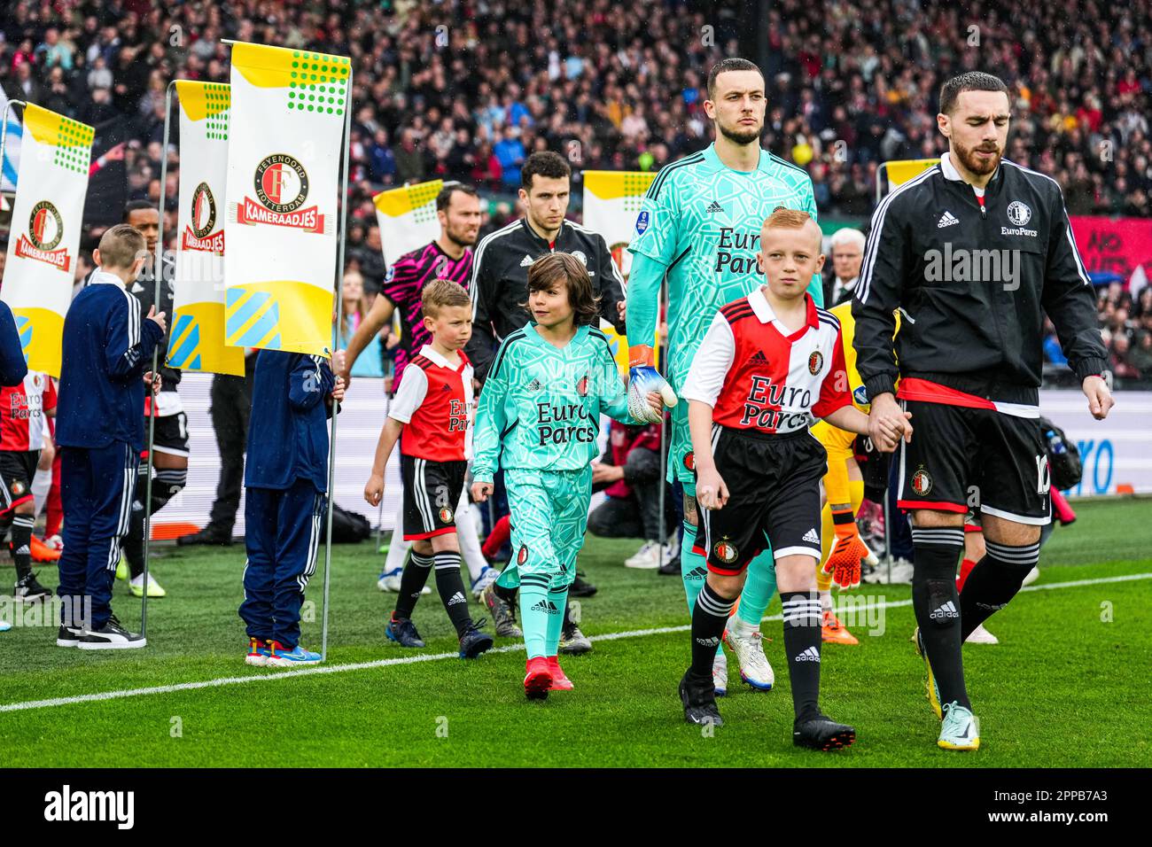 Rotterdam, Netherlands. 23rd Apr, 2023. Rotterdam - Feyenoord keeper Justin Bijlow, Orkun Kokcu ...