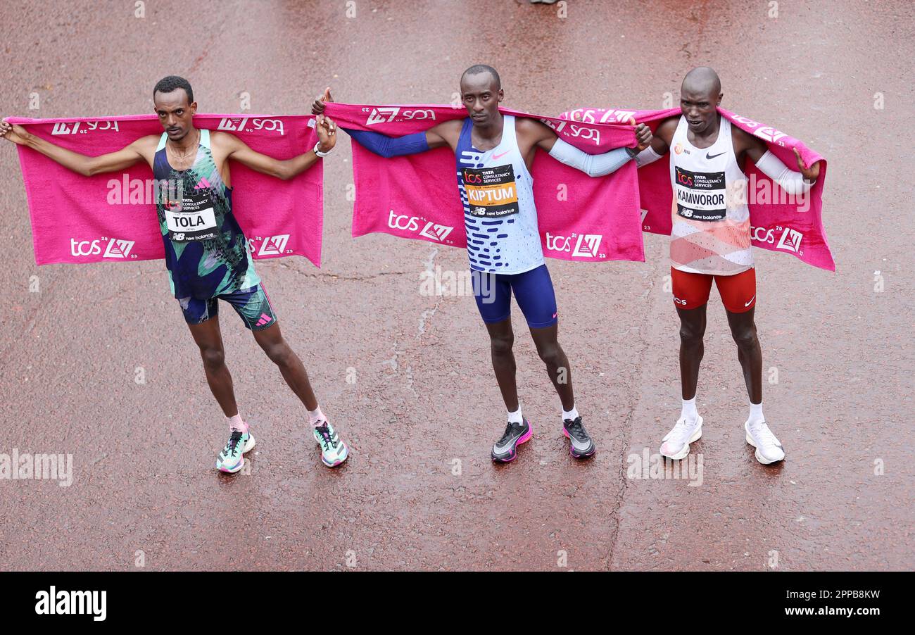 London, Britain. 23rd Apr, 2023. Kenya's Kelvin Kiptum (C), Kenya's ...