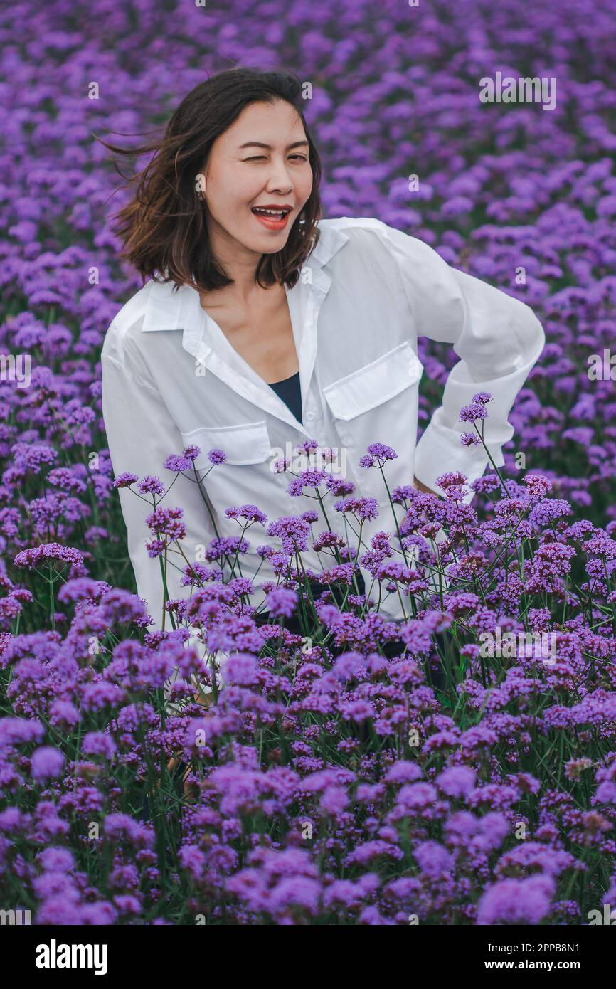 Women in the Verbena field are blooming and beautiful in the rainy ...