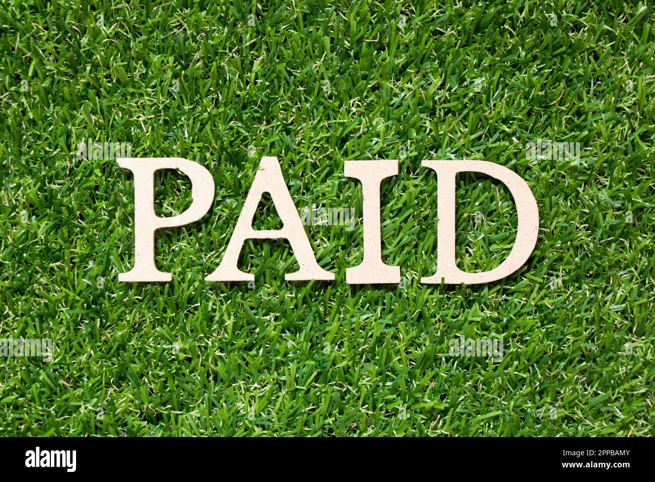 Wood alphabet letter in word paid on artificial green grass background ...