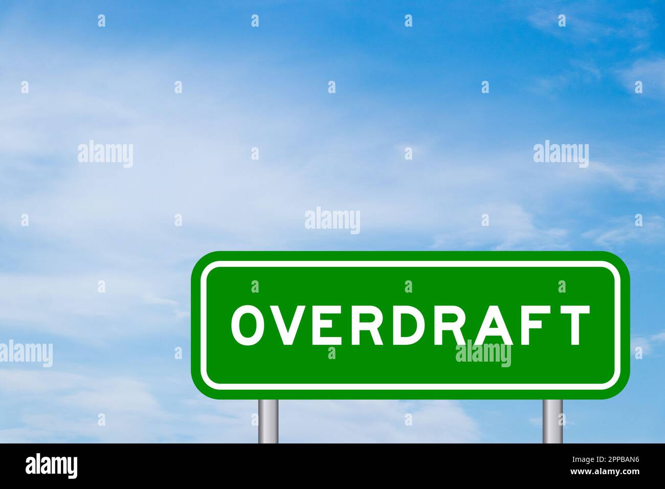 Green color transportation sign with word overdraft on blue sky with ...