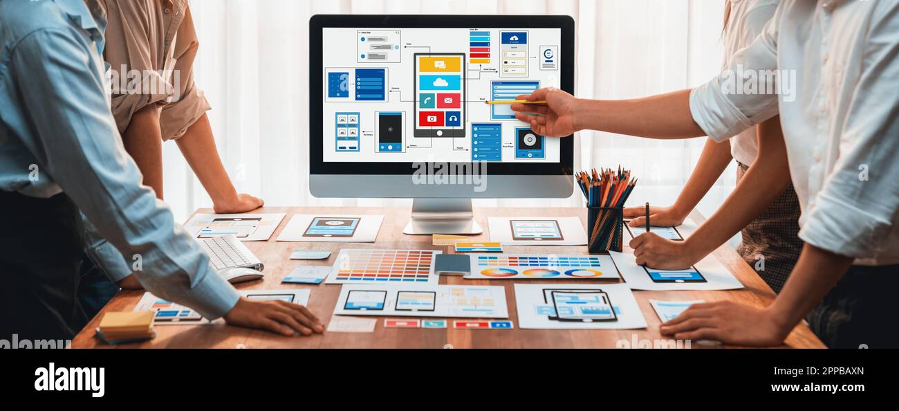 Panorama shot of front-end developer team brainstorming UI and UX ...
