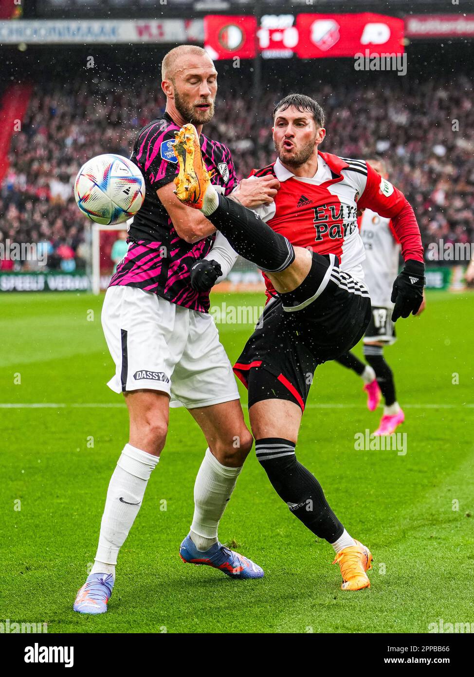 Rotterdam, Netherlands. 23rd Apr, 2023. Rotterdam - Mike van der Hoorn of FC Utrecht, Santiago ...
