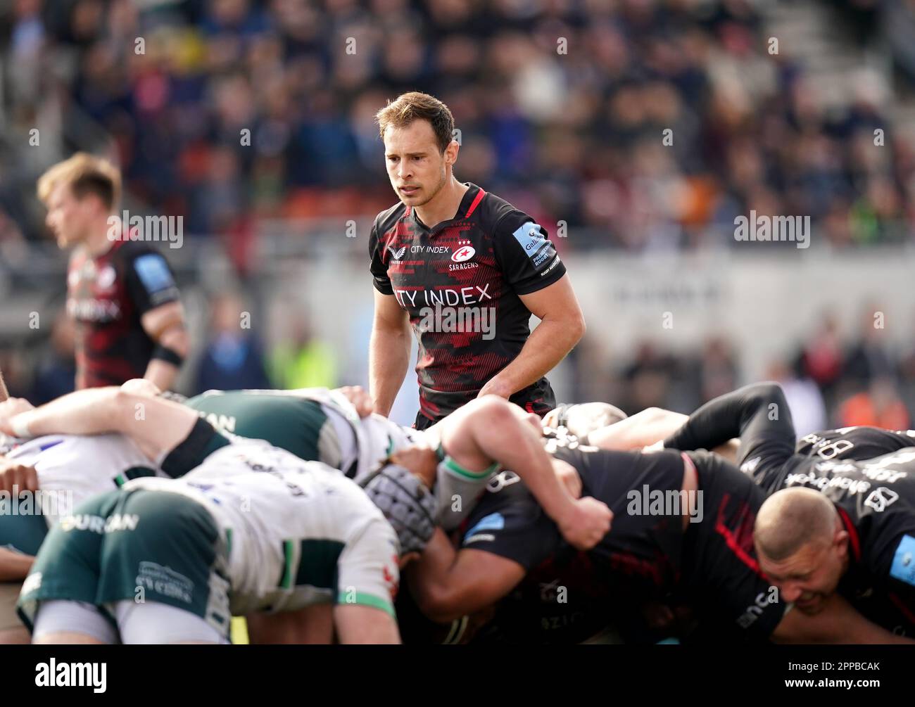 Saracens' Ivan van Zyl looks on during a scrum during the Gallagher ...