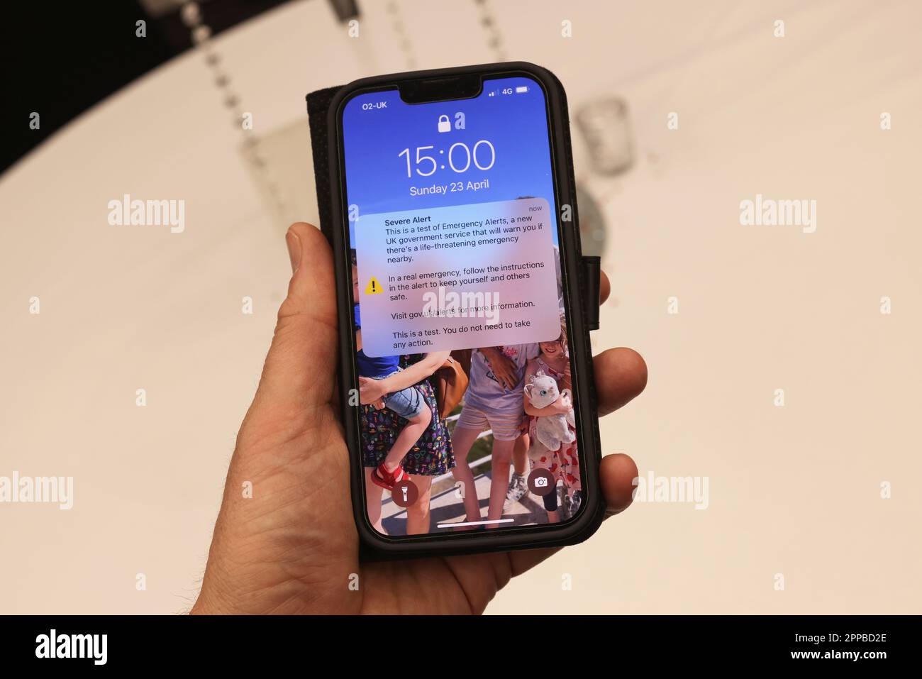 The UK Government Emergency Alert Text message pictured on an iPhone at ...