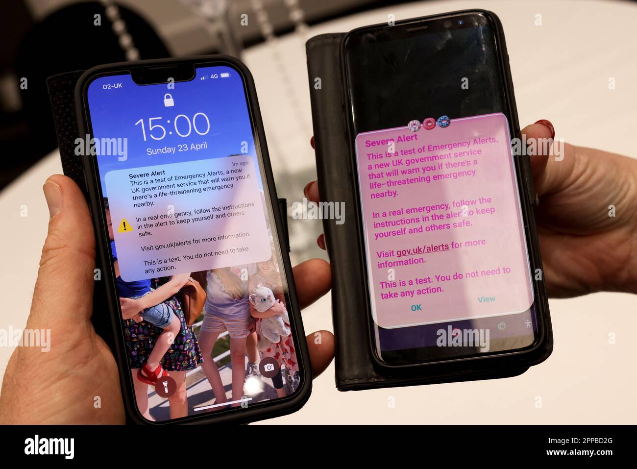 The UK Government Emergency Alert Text message pictured on an iPhone at ...