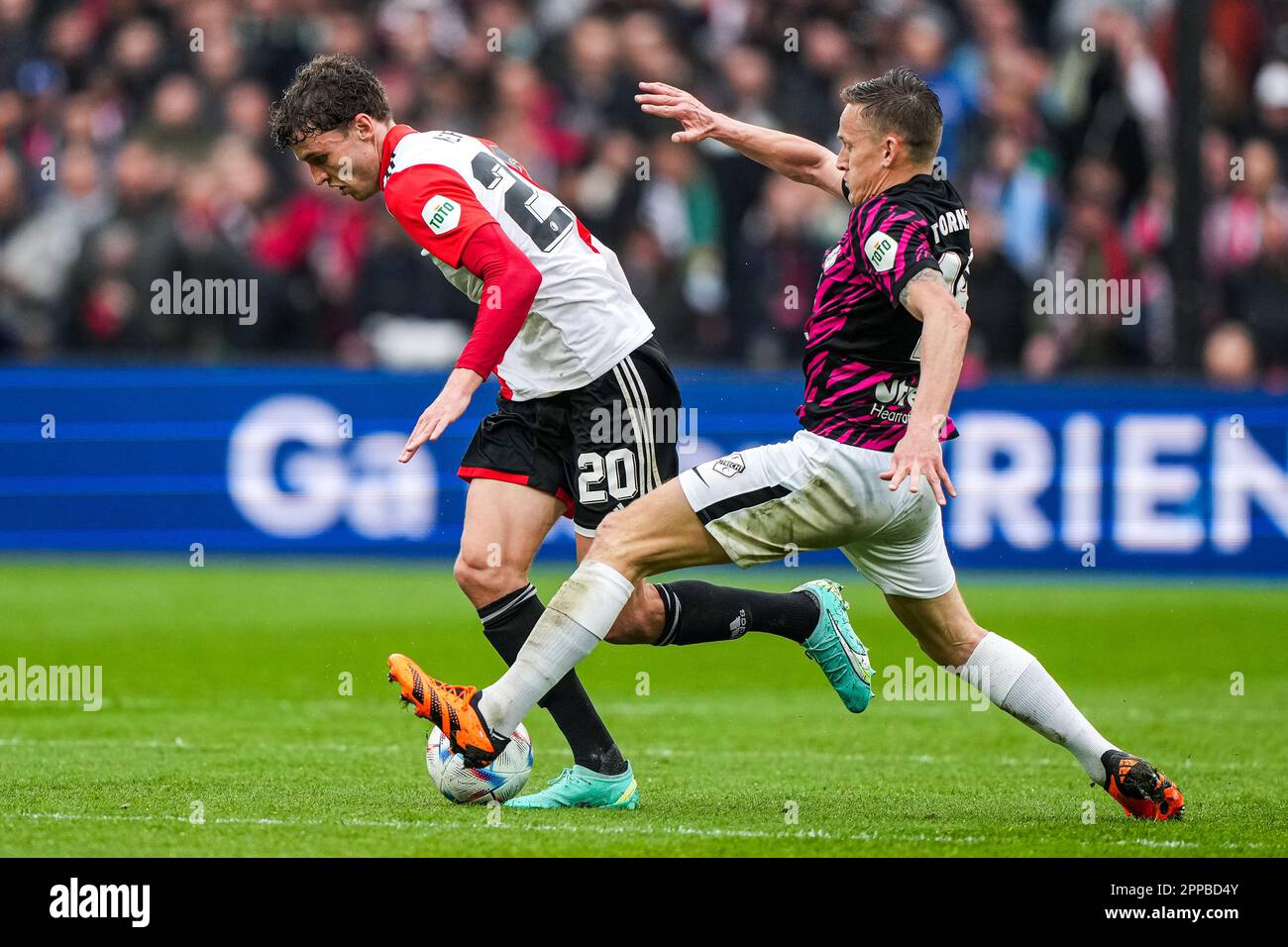 Rotterdam, Netherlands. 23rd Apr, 2023. Rotterdam - Mats Wieffer of Feyenoord, Jens Toornstra of ...