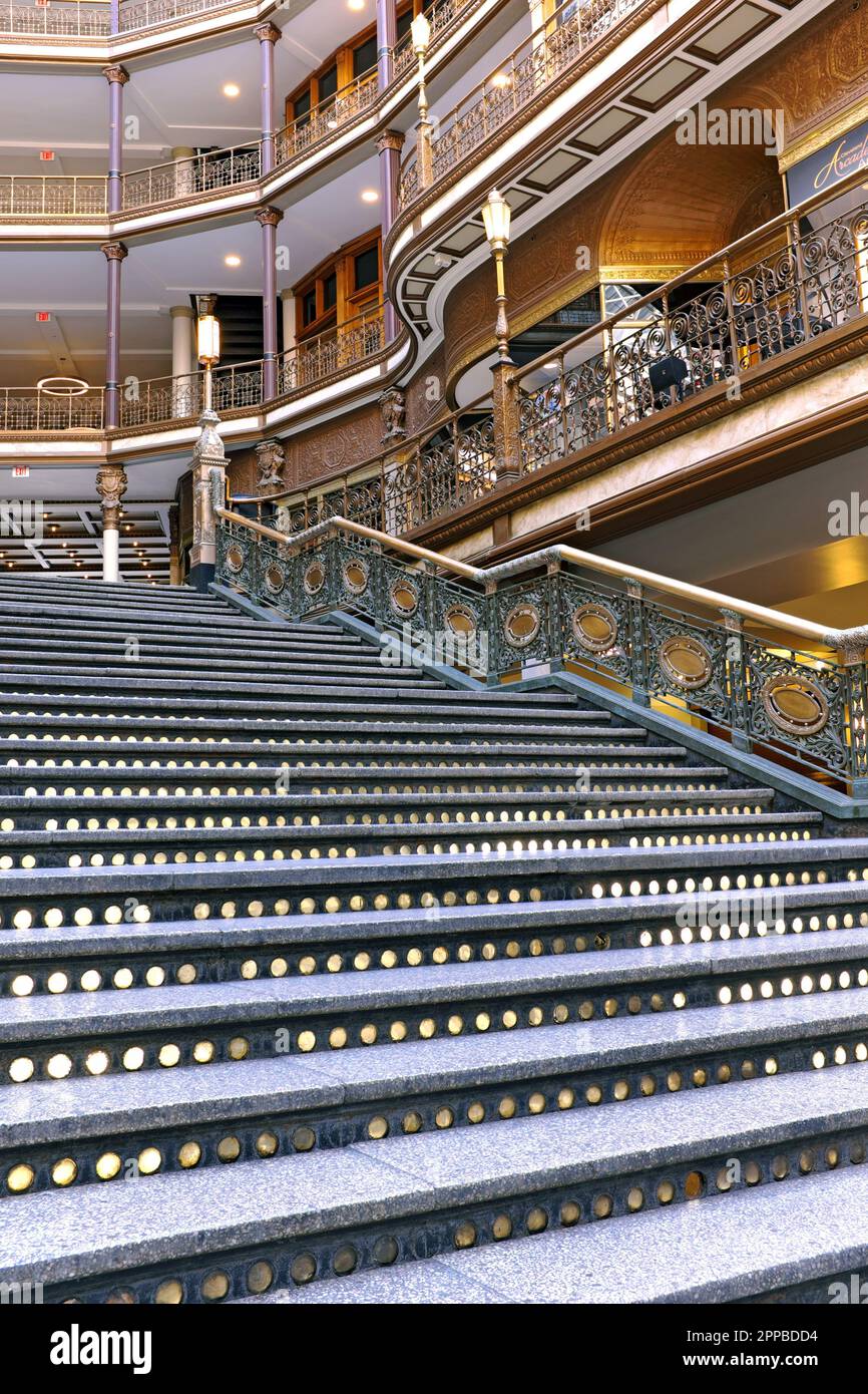 Illuminated stairwell in the historic Old Arcade in Cleveland, Ohio ...