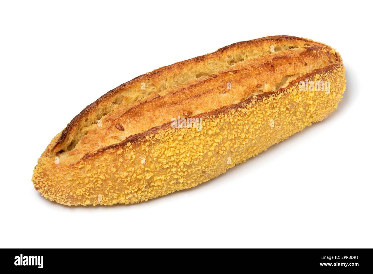Fresh baked whole loaf of corn bread isolated on white background close ...