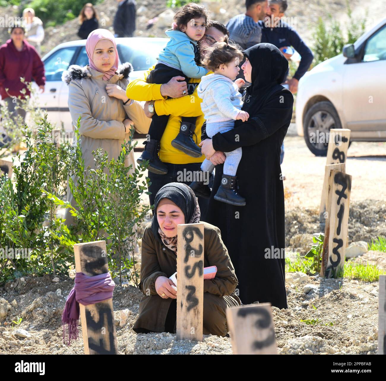 Hatay, Hatay province. 23rd Apr, 2023. People mourn for their relatives ...